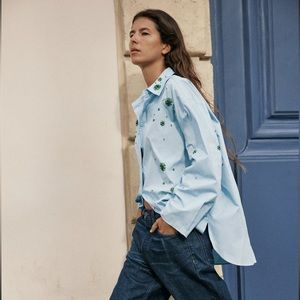 Zara | Tops | Zara Woman Collared Zw Collection Embroidered Rhinestone ...